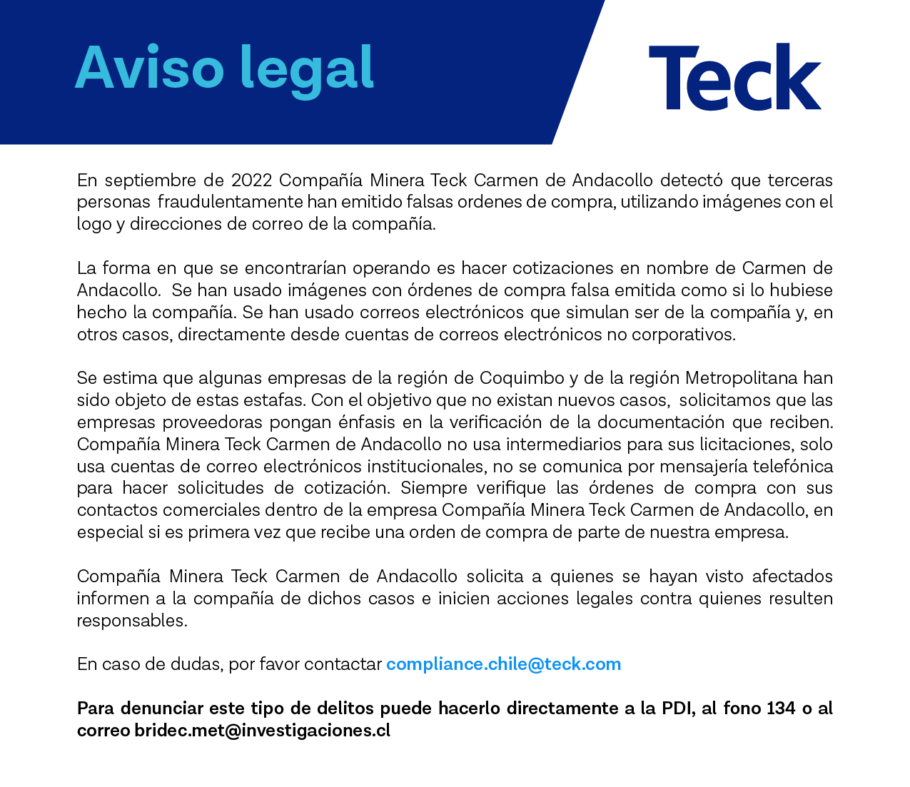 Minera Teck Carmen de Andacollo emitió alerta sobre utilización de ...